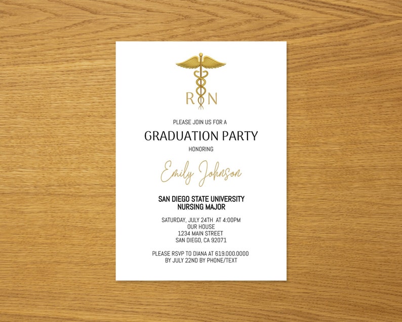 Nurse Graduation Invitation Template, Minimalist Gold Nurse RN ...