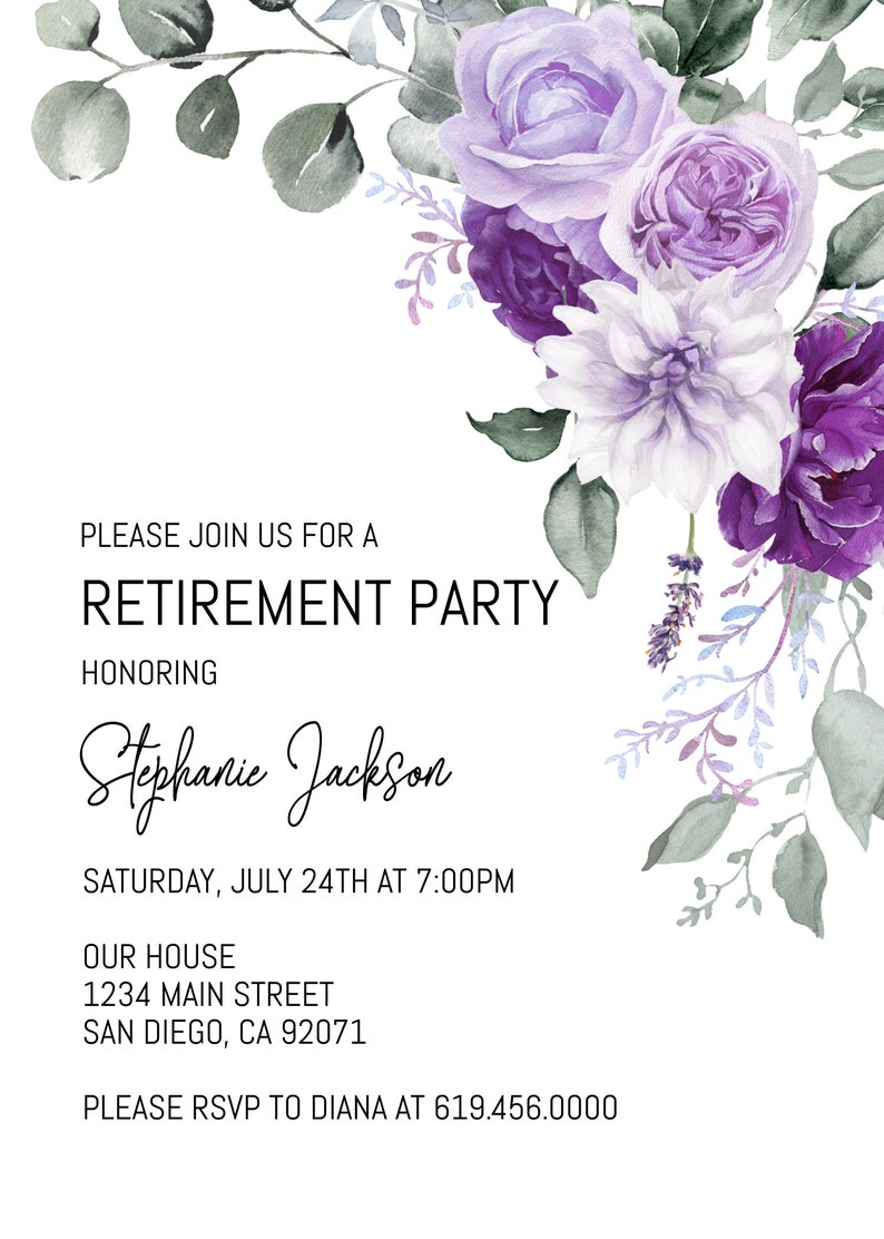 Retirement Party Invitation Template, Purple Floral Retirement ...