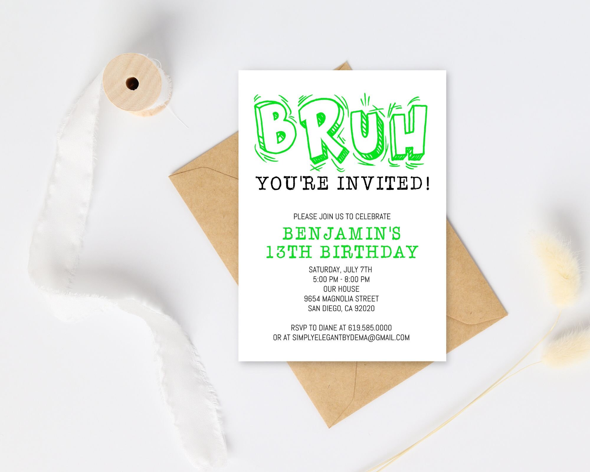 Bruh Birthday Invitation, Green Birthday Party Invitation Template, Any ...