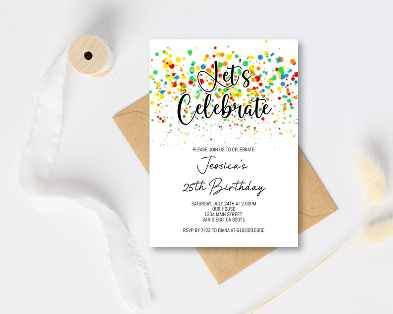 Colorful Confetti Birthday Invitation Template, ANY AGE, Instant ...