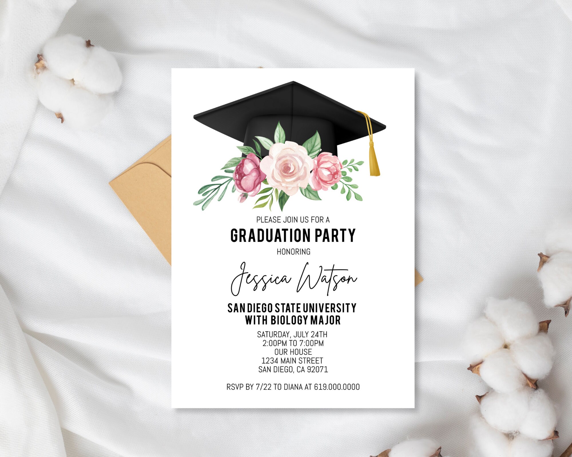 Boho Graduation Party Invitation Template, Floral Graduation Invitation ...