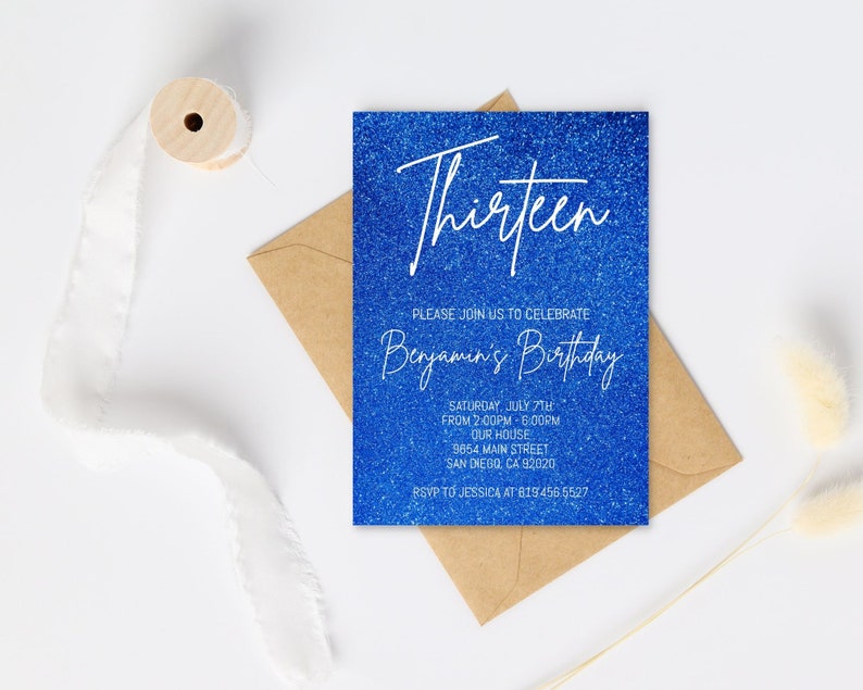 Blue Glitter Birthday Party Invitation for Boys Adults Girls Women ...