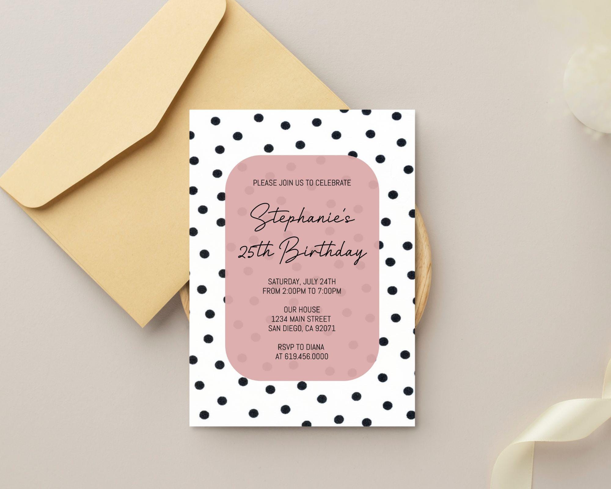 Black Polka Dot Birthday Party Invitation Template, Chic Black and ...