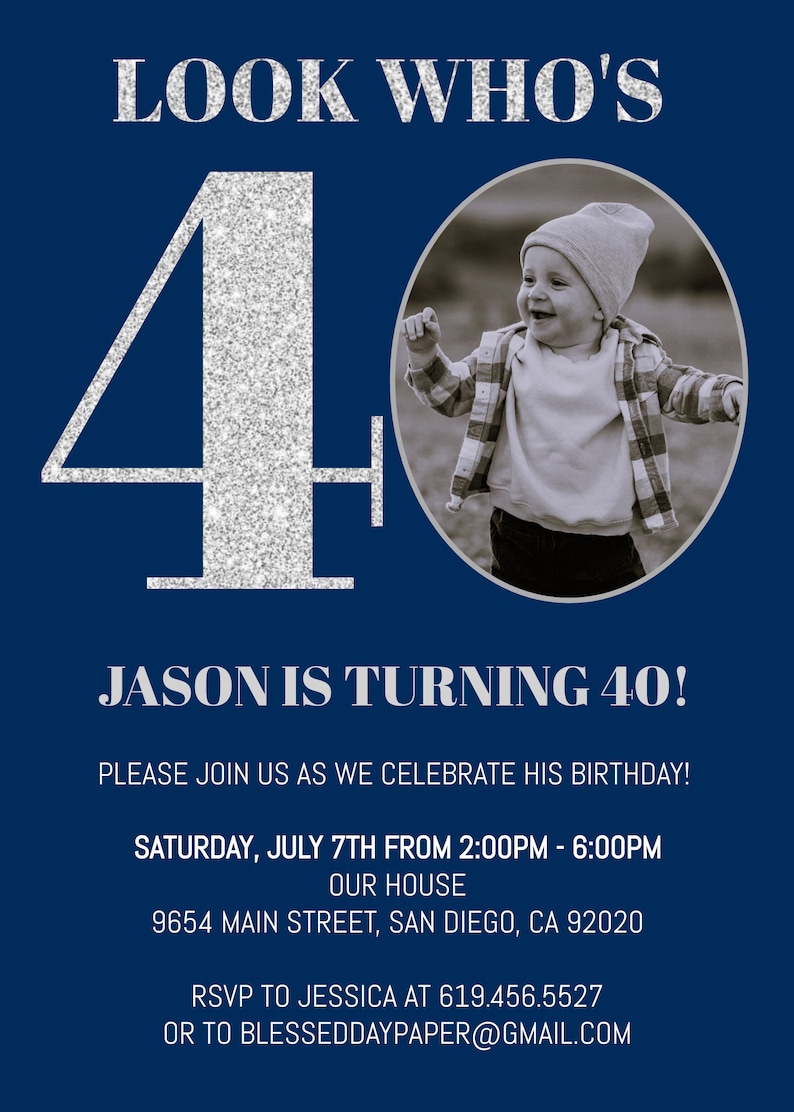 Silver & Blue Birthday Invitation for Men Women, Navy Blue Birthday ...