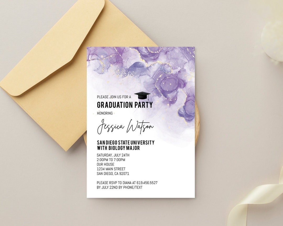 Purple Graduation Party Invitation Template, Luxury Purple and Gold ...