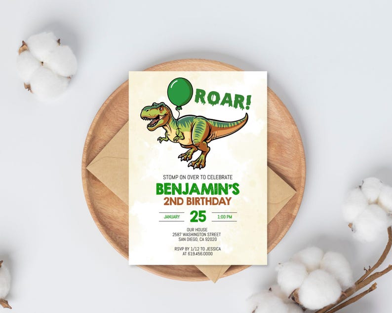 Dinosaur T-rex Birthday Invitation Template for Kids, Minimalist Boys ...