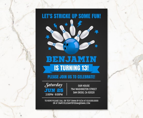 Teen Bowling Invitations Blue