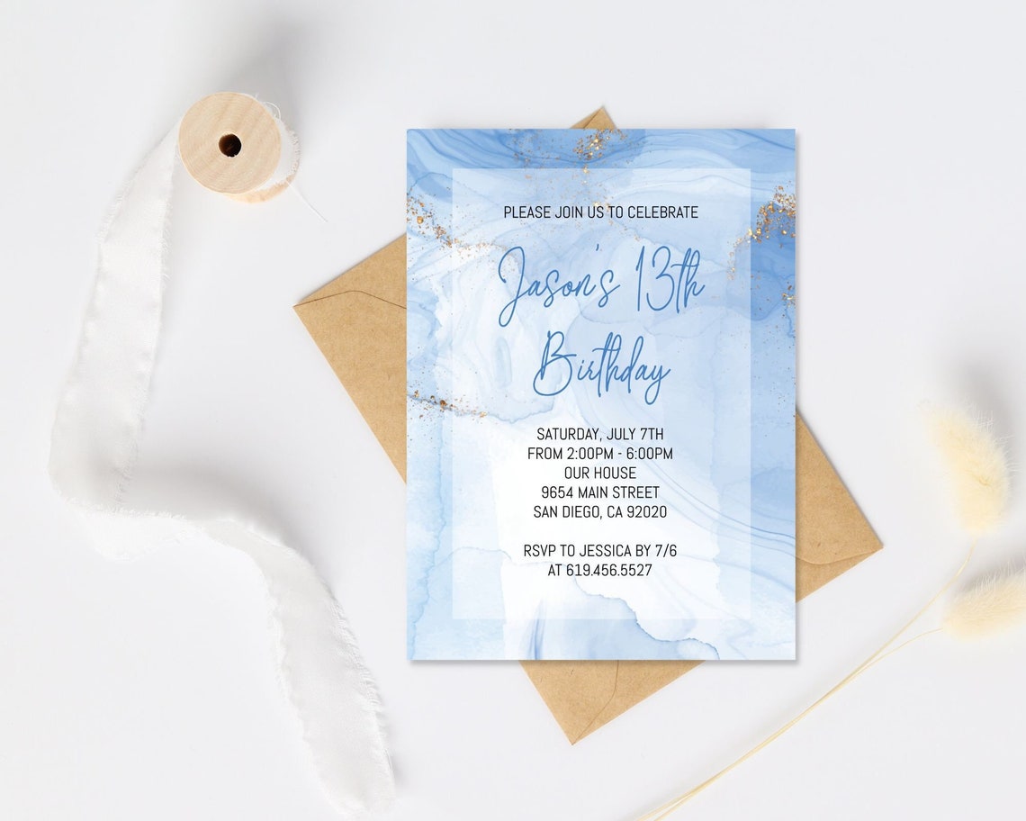 Blue Watercolor Birthday Invitation Template for Boys, Teens, Kids ...