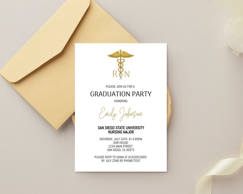 Nurse Graduation Invitation Template, Minimalist Gold Nurse RN ...