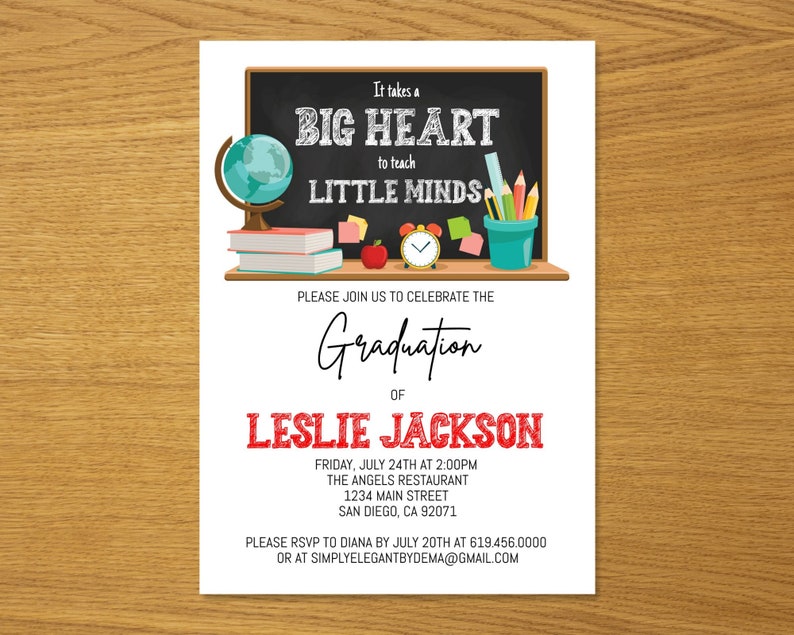 Teacher Graduation Invitation, Editable Big Heart Teach Little Minds ...