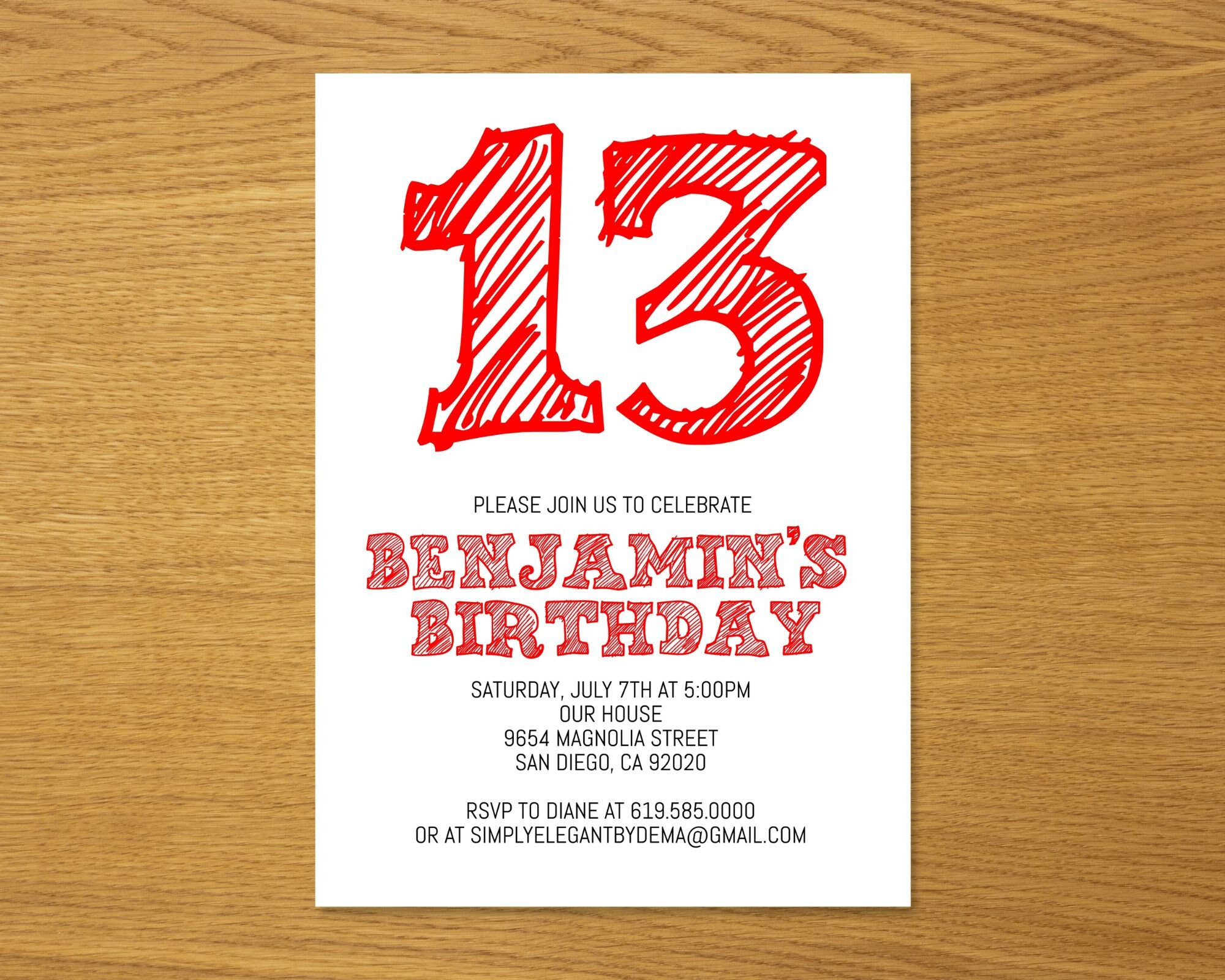 Simple Red Birthday Party Invitation Template, ANY AGE, Instant ...