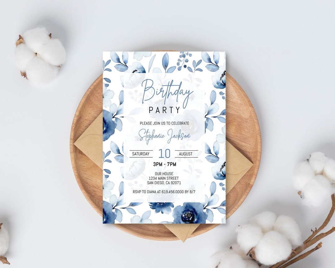 Blue Floral Birthday Invitation Template, Blue Flowers Birthday Party ...