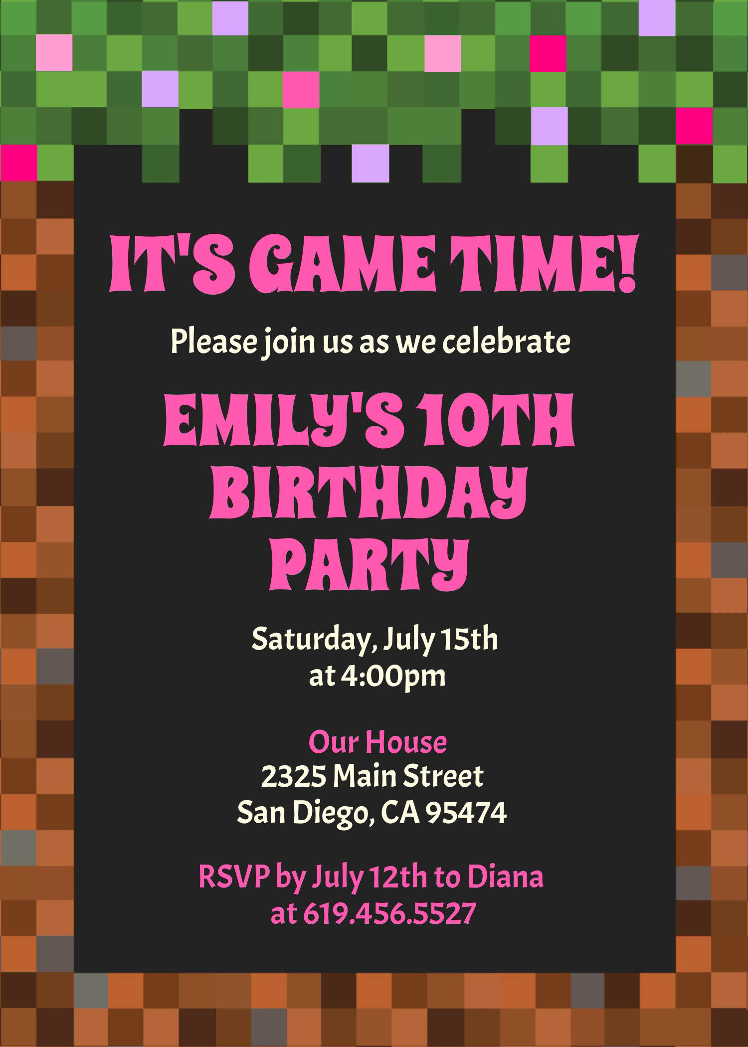 Pink Pixelated Invitation for Girls, Pink Minecraft Invitations for ...
