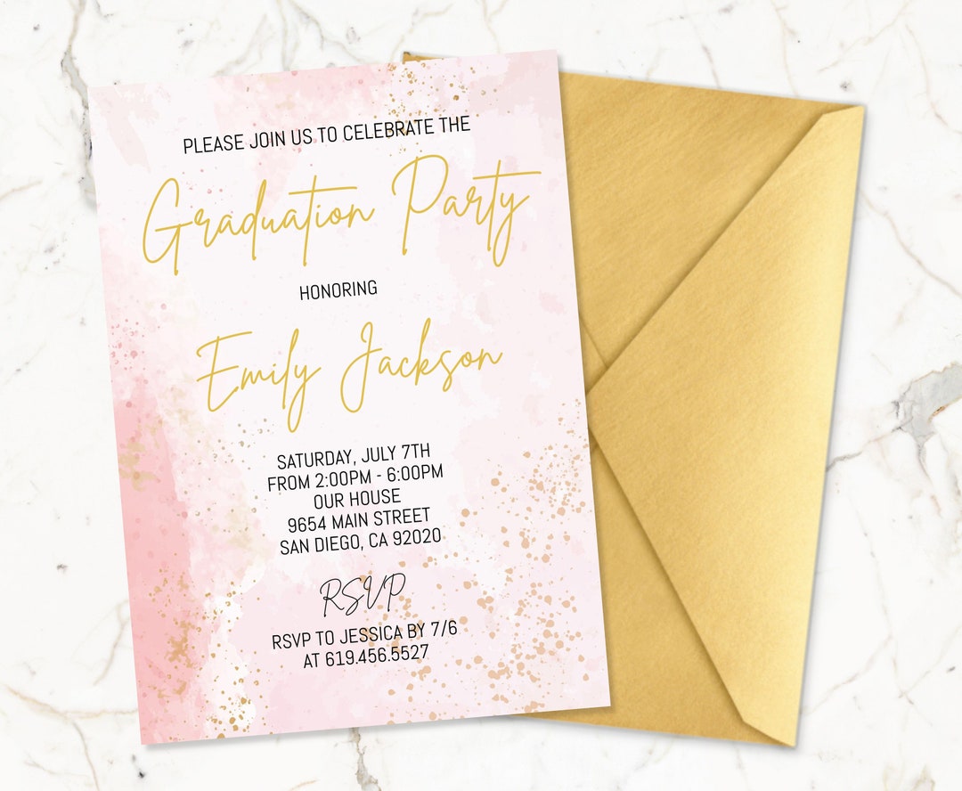 Pink Watercolor Graduation Announcement, Pink & Gold Graduation Party ...