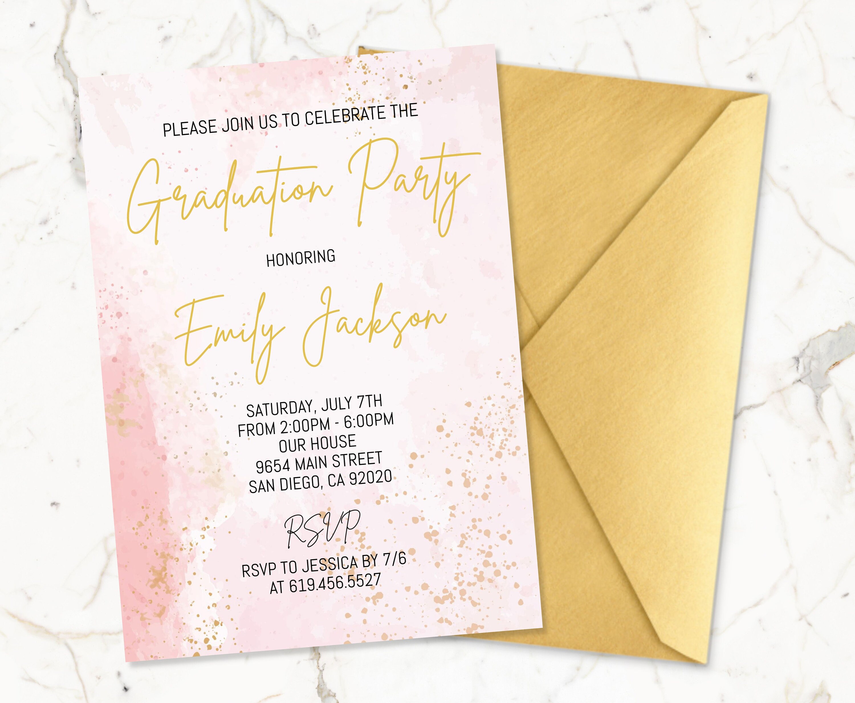 Pink Watercolor Graduation Announcement, Pink & Gold Graduation Party ...