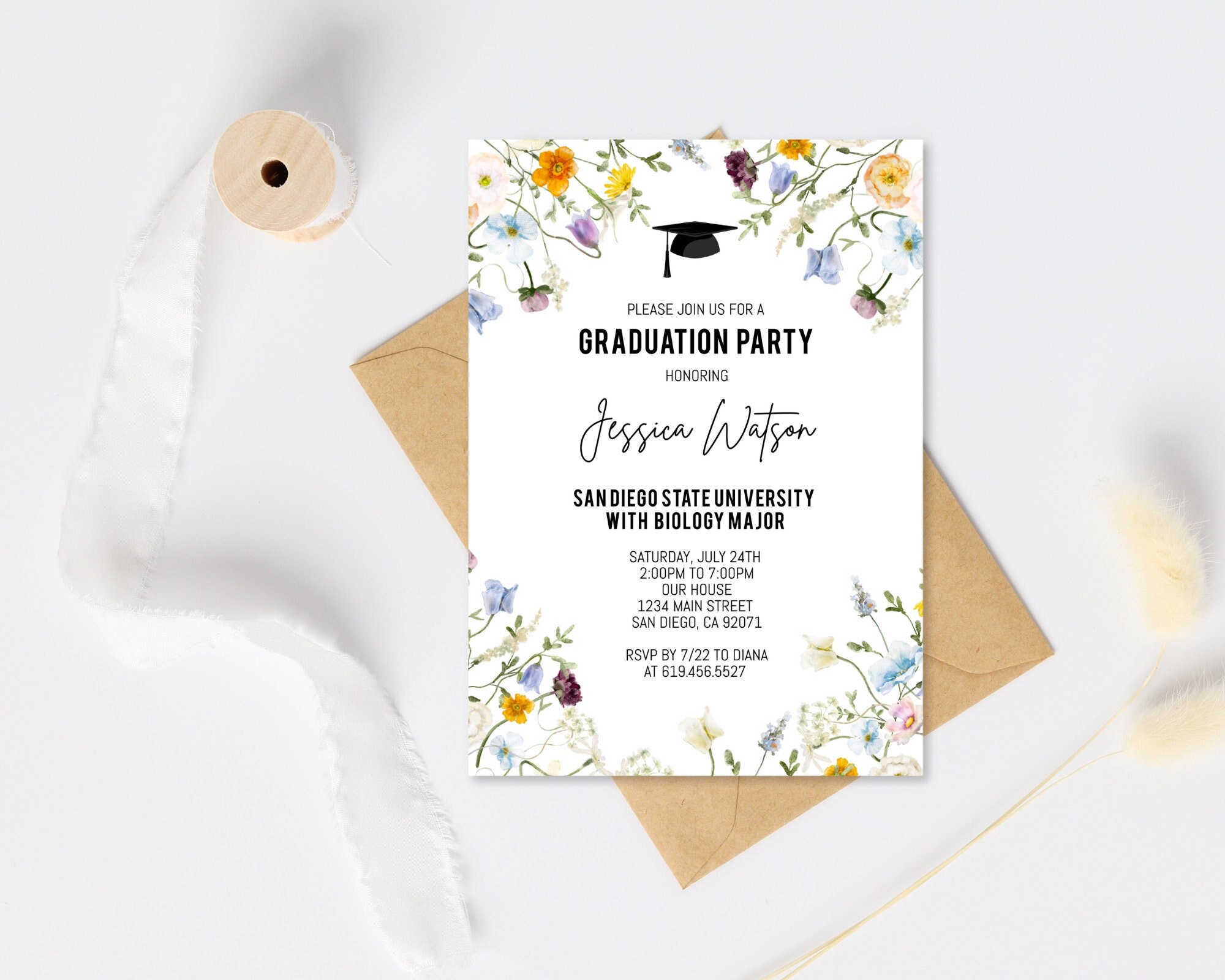 Floral Graduation Party Invitation, Wildflower Graduation Invitation ...