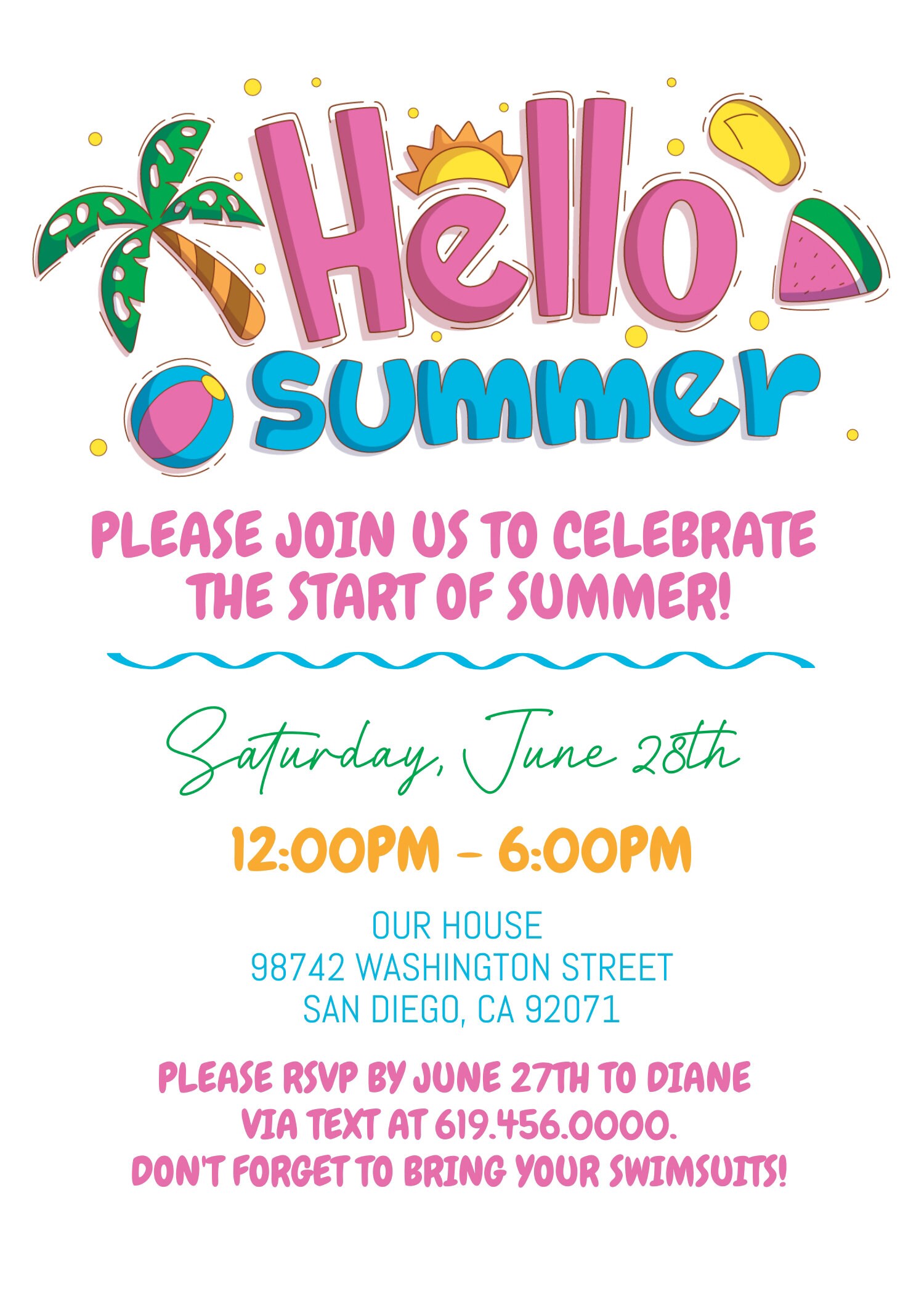 Hello Summer Party Invitation Template, Sun Invitation, Summer Party ...