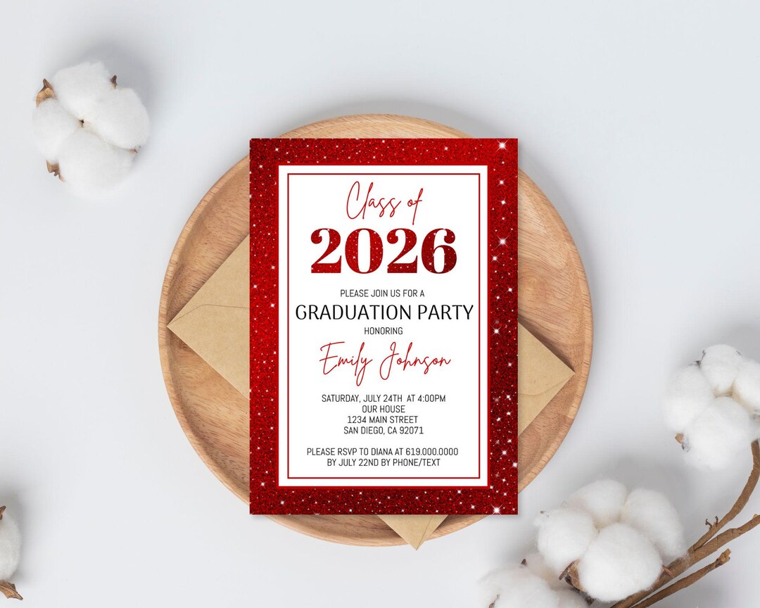 Red Glitter Graduation Party Invitation Template, Grad Invite Class of ...