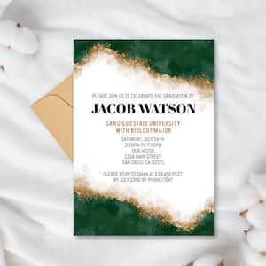 Graduation Party Invitation Template, Luxury Green and Gold Graduation ...