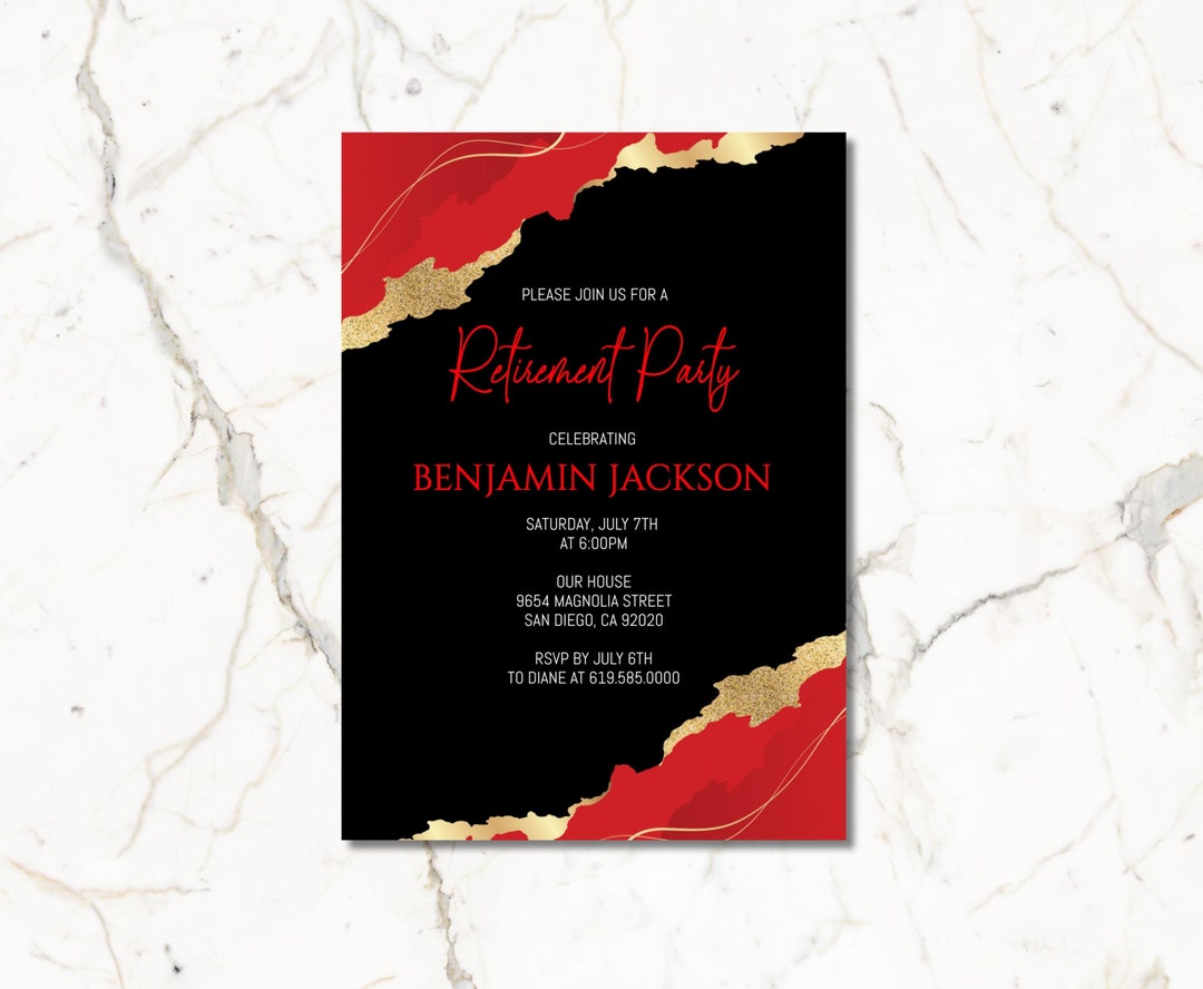 Retirement Invitation Template, Luxury Red Gold Black Retirement Party ...