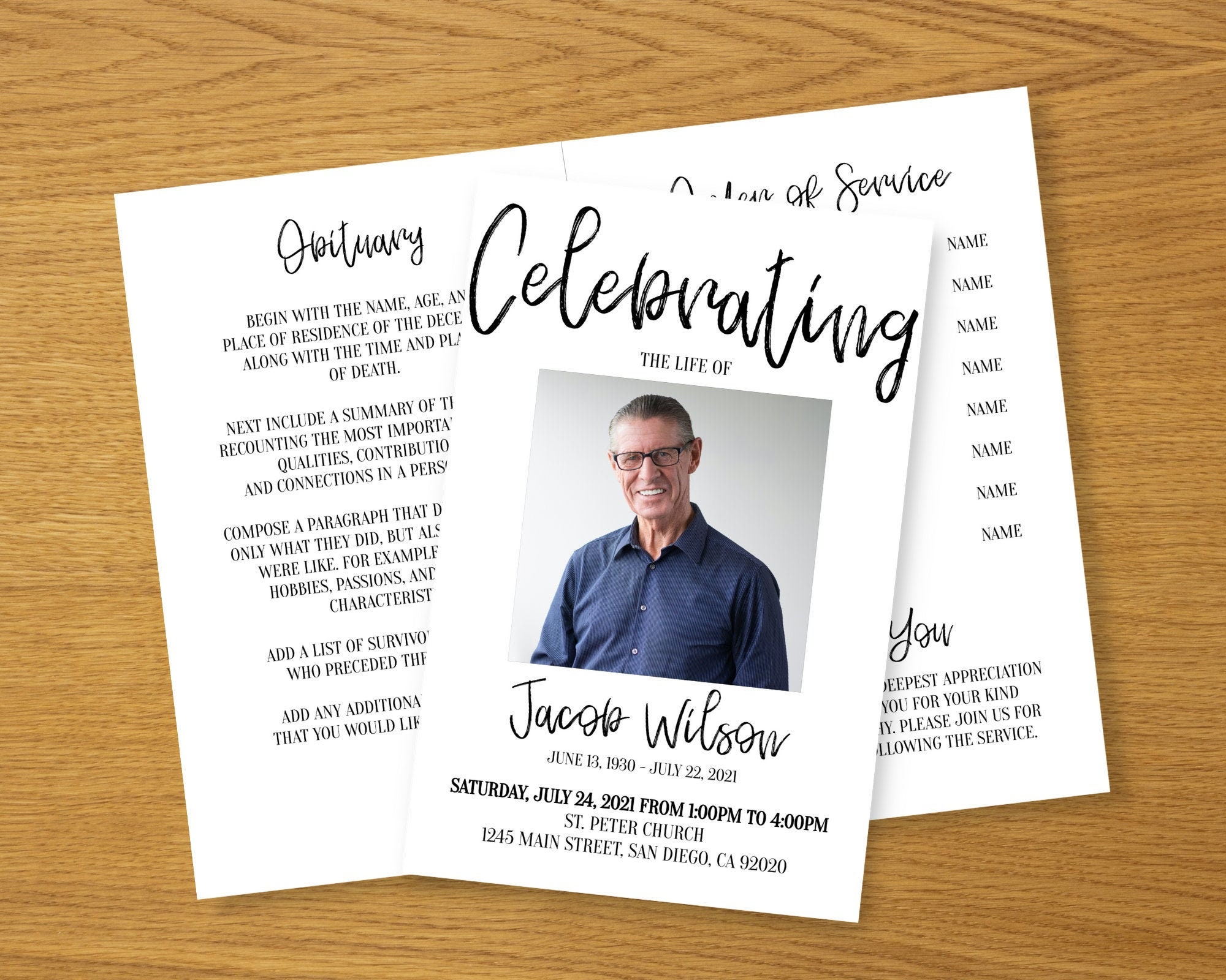 Simple Funeral Program Template, Funeral Program Template for Men or ...