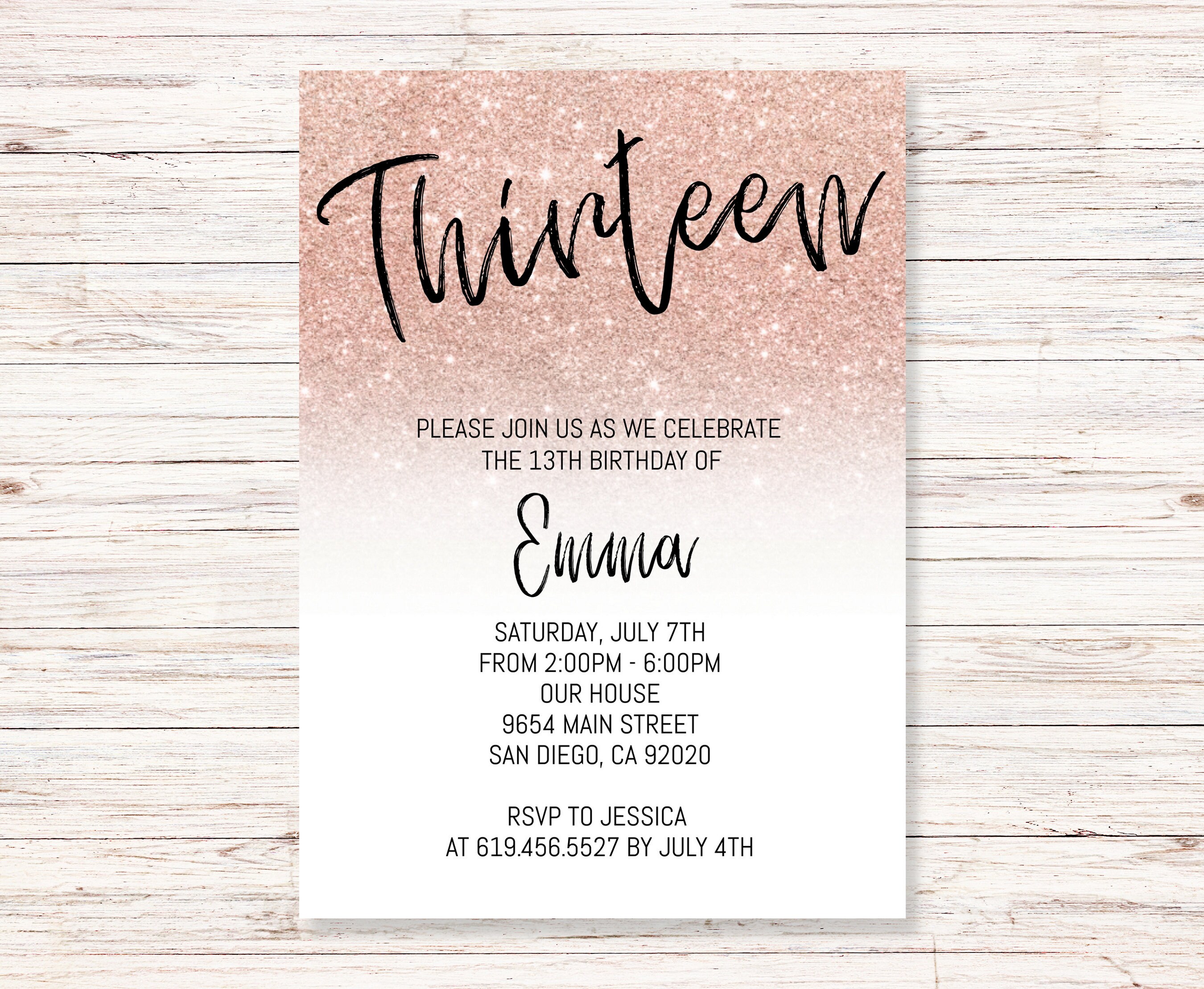 Rose Gold Glitter Birthday Invitations Template/any Age/pink - Etsy