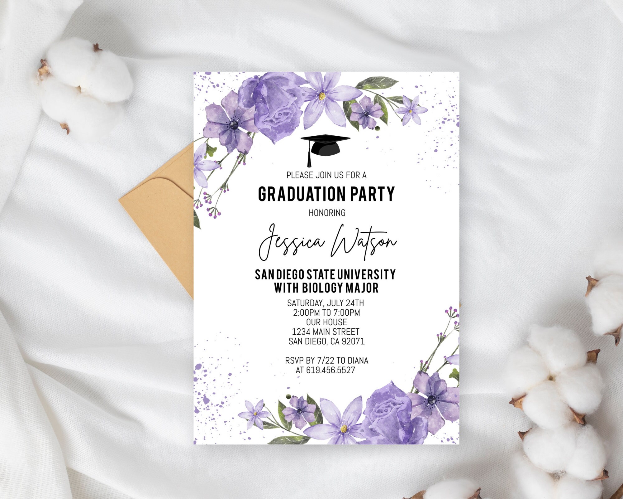 Purple Graduation Party Invitation Template, Floral Graduation ...