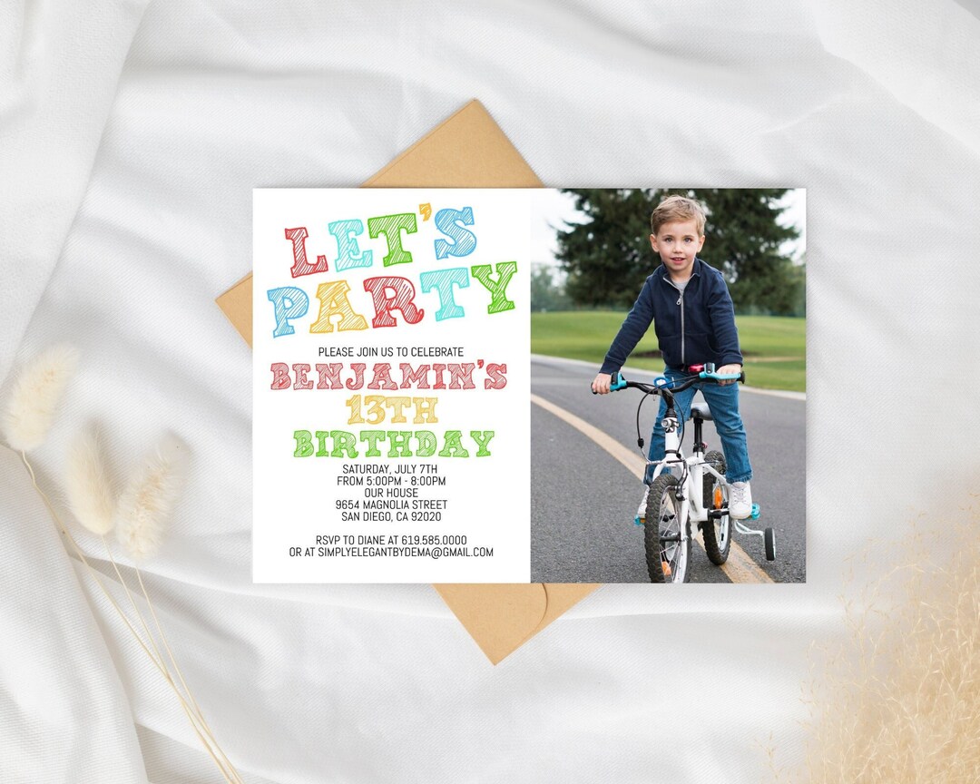 Simple Colorful Birthday Invitation With Photo Template, ANY AGE ...