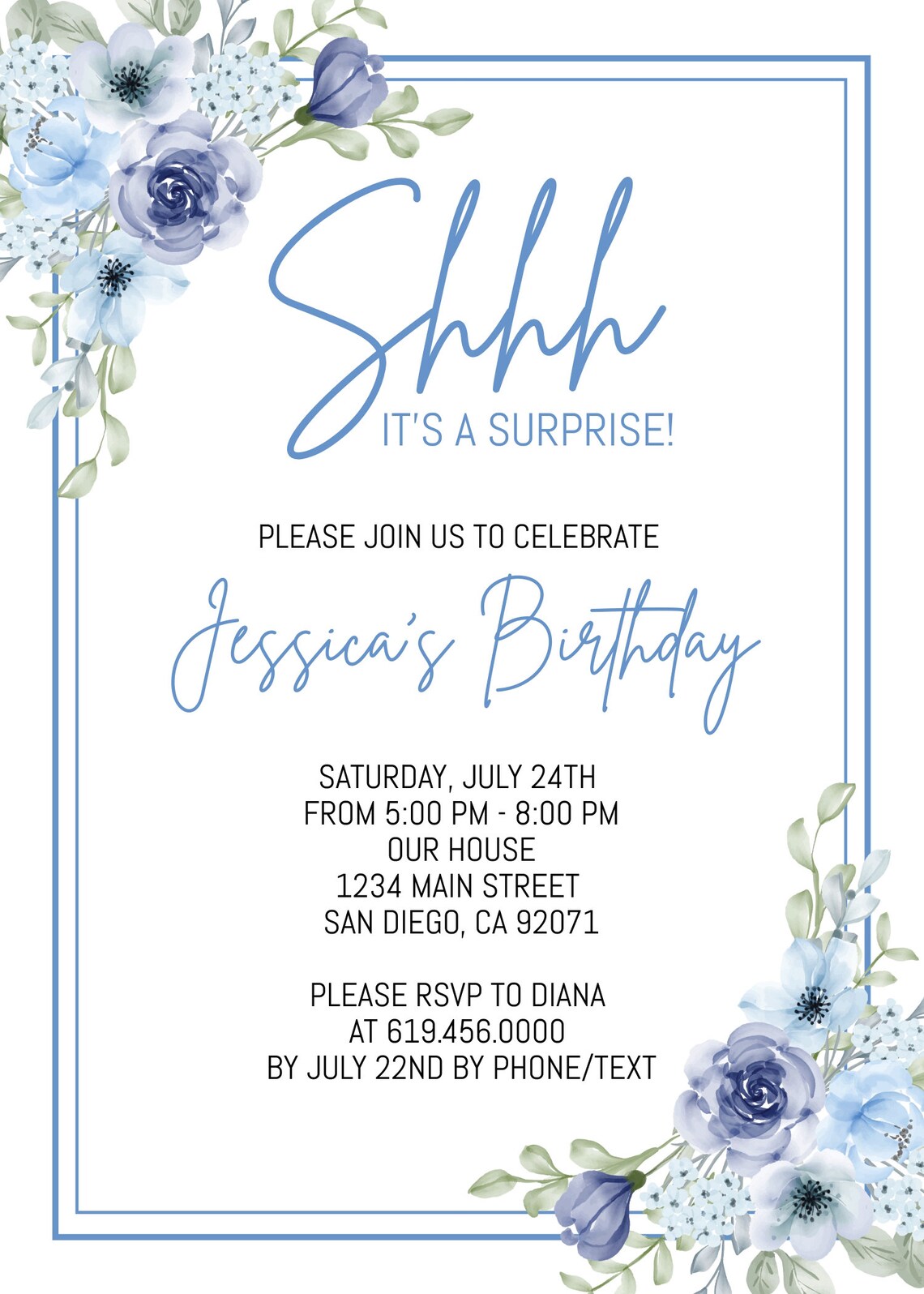 Editable Baby Blue Floral Birthday Invitation Template, Blue Flowers ...