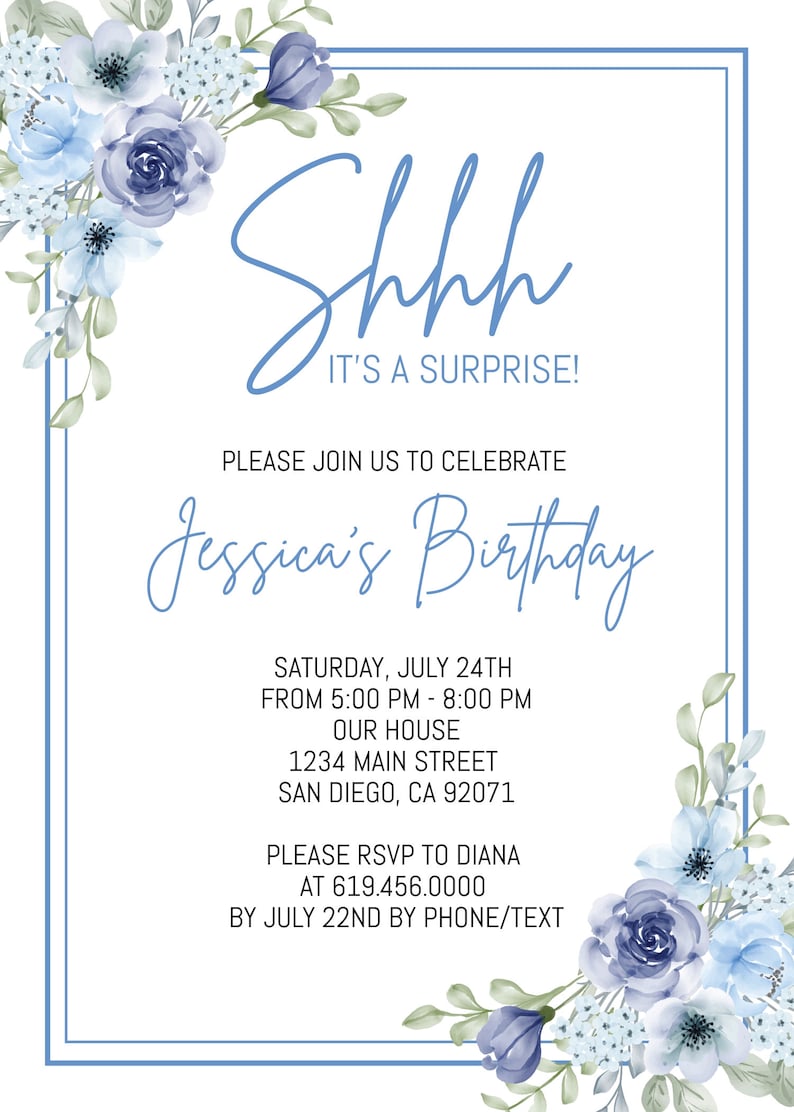 Editable Baby Blue Floral Birthday Invitation Template, Blue Flowers ...