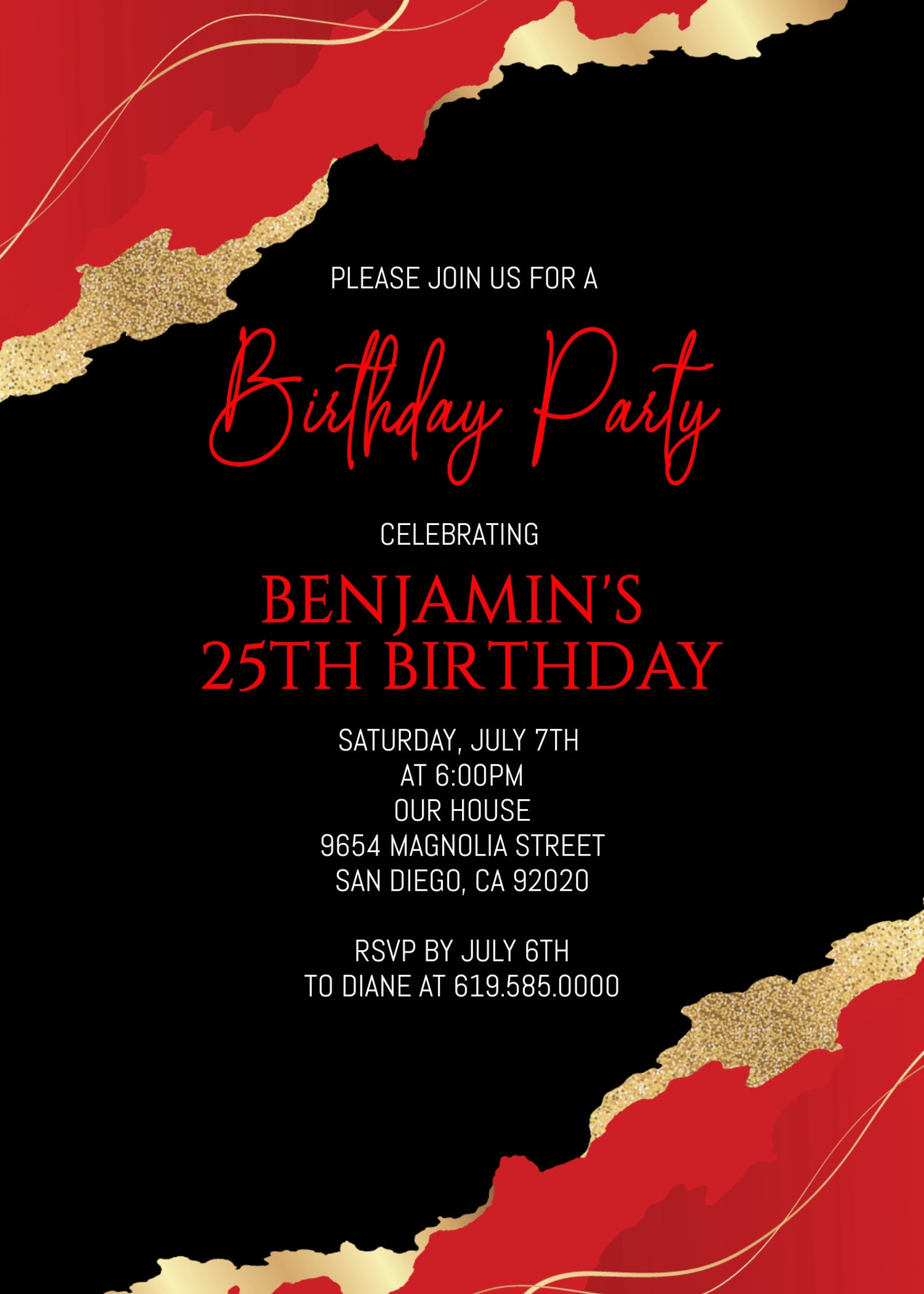 Editable Red, Gold, & Black Birthday Invitations/any Age/luxury Red ...