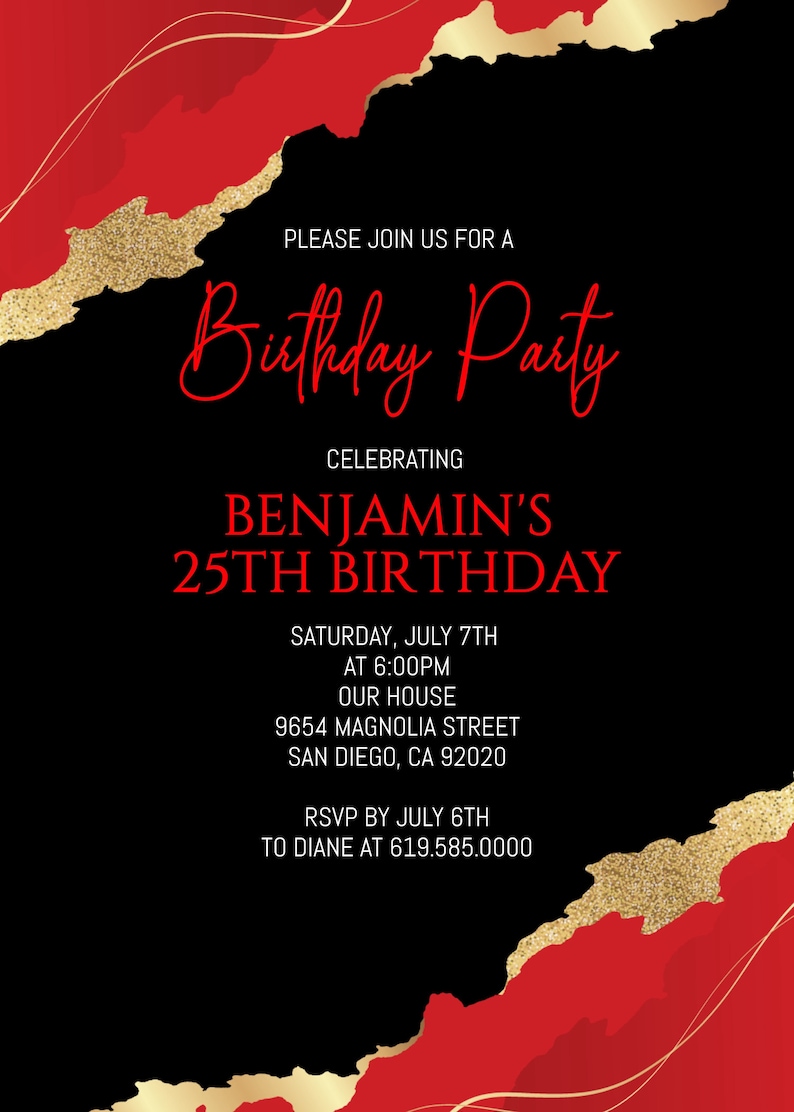 Editable Red, Gold, & Black Birthday Invitations/any Age/luxury Red ...