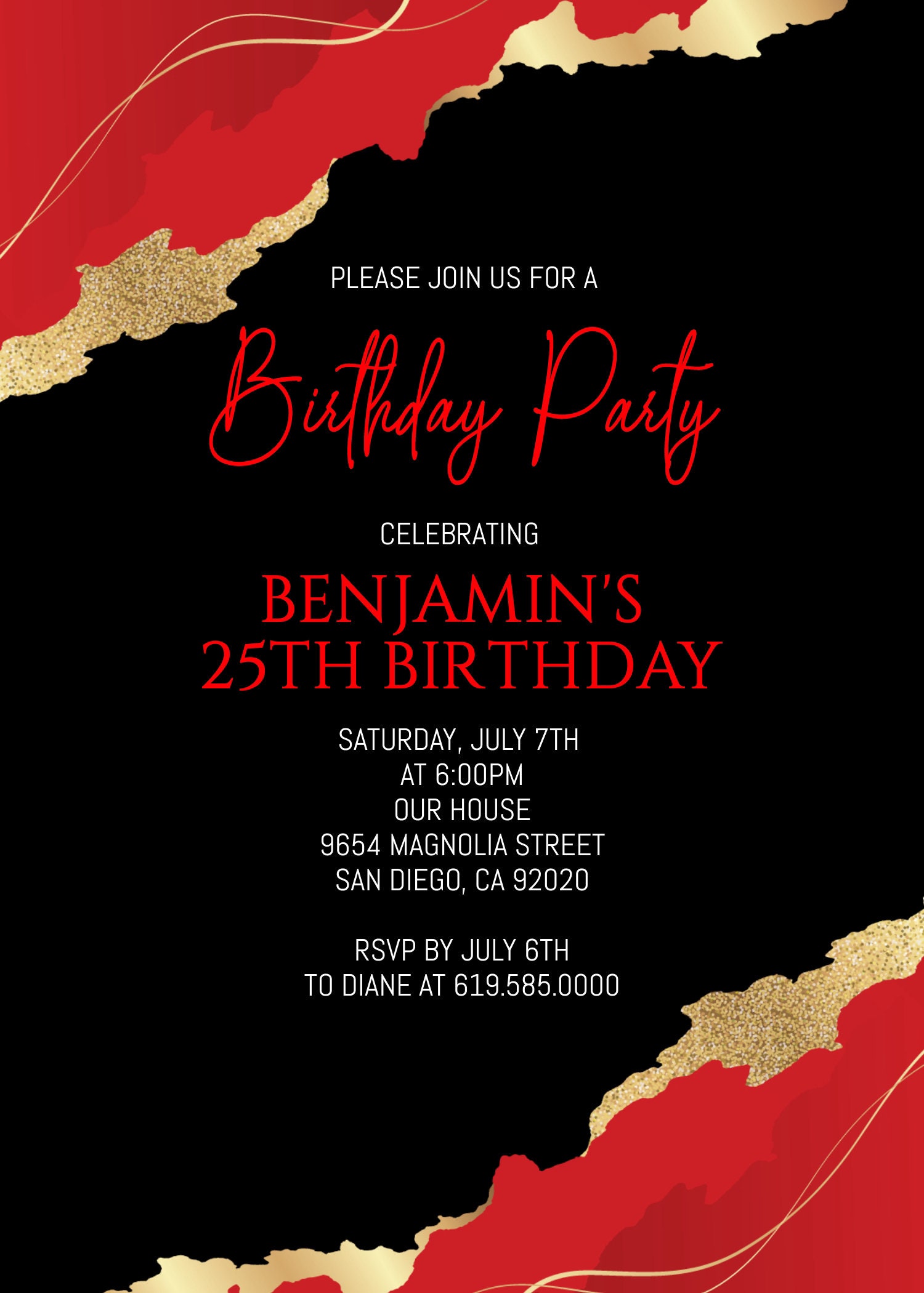 Editable Red, Gold, & Black Birthday Invitations/any Age/luxury Red ...