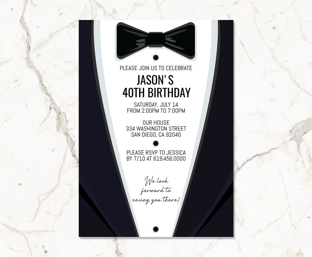Stylish Black & White Birthday Party Invitations, Tuxedo Classic Man ...