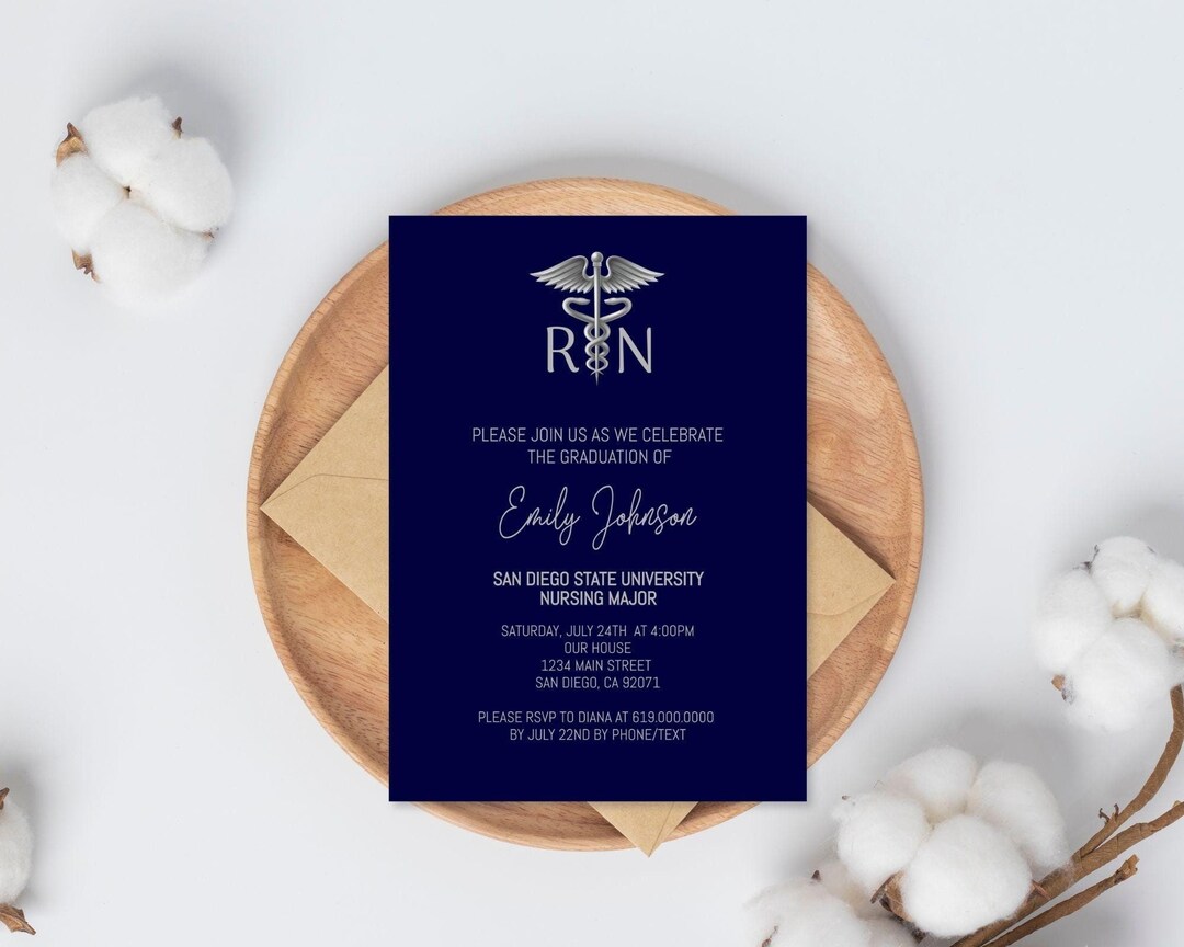 Nurse Graduation Invitation Template, Minimalist Silver Navy Blue Nurse ...