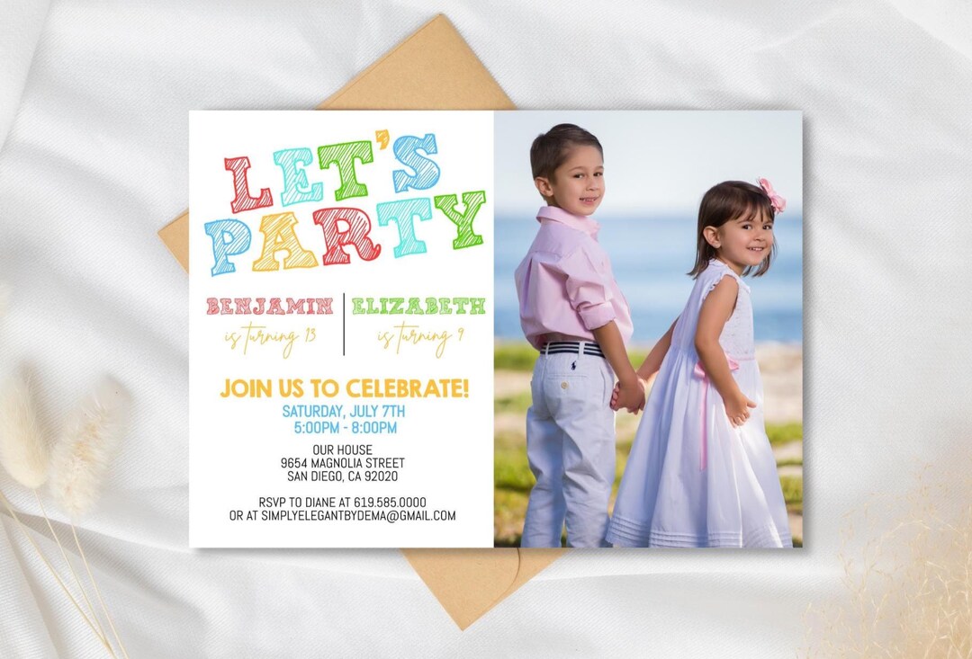 Colorful Joint Birthday Party Invitation Template With Photo, Modern ...