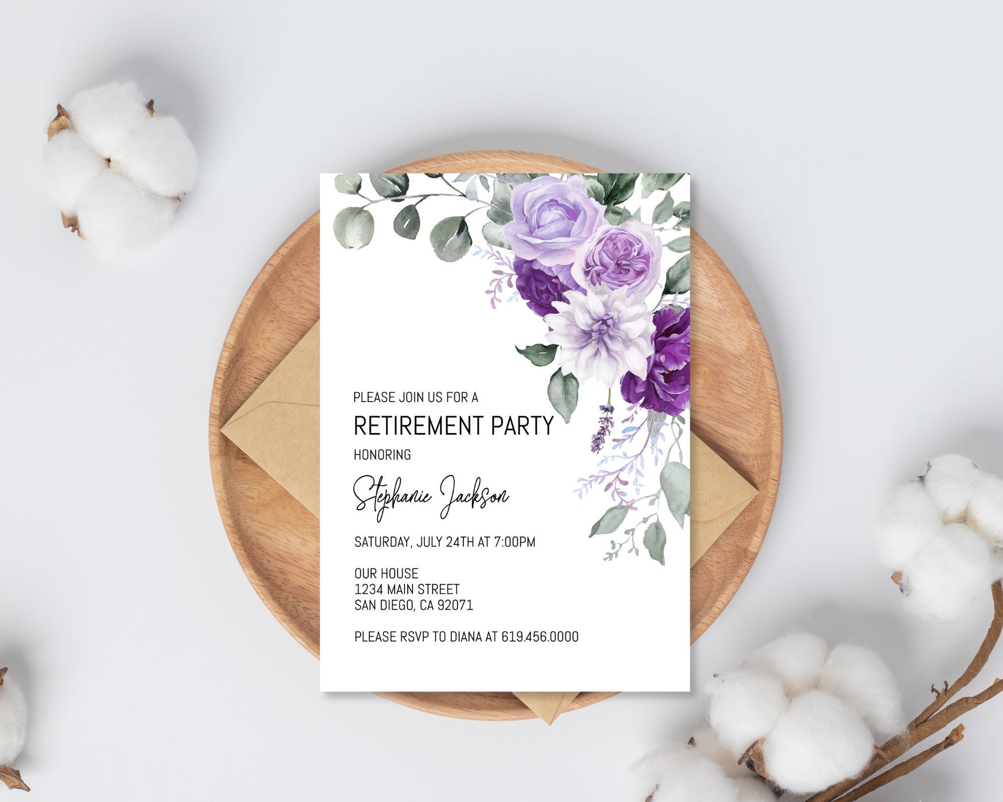 Retirement Party Invitation Template, Purple Floral Retirement ...