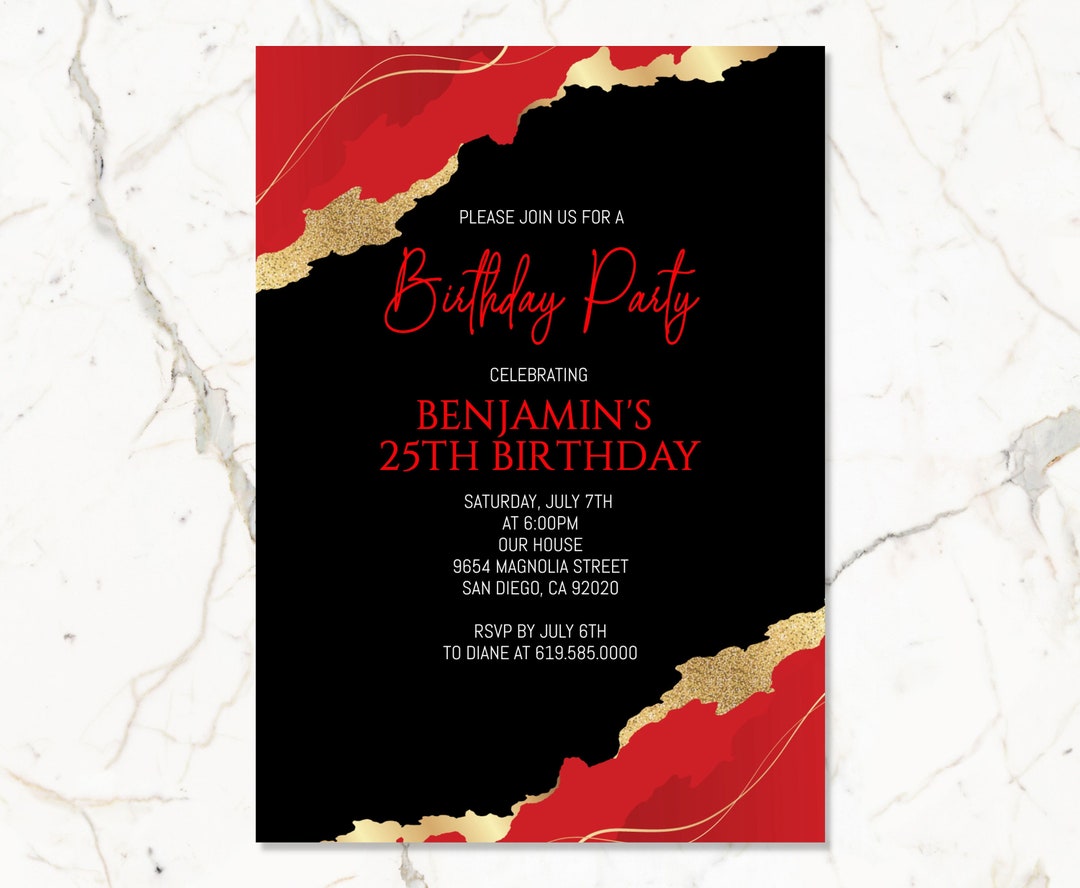 Editable Red, Gold, & Black Birthday Invitations/any Age/luxury Red ...