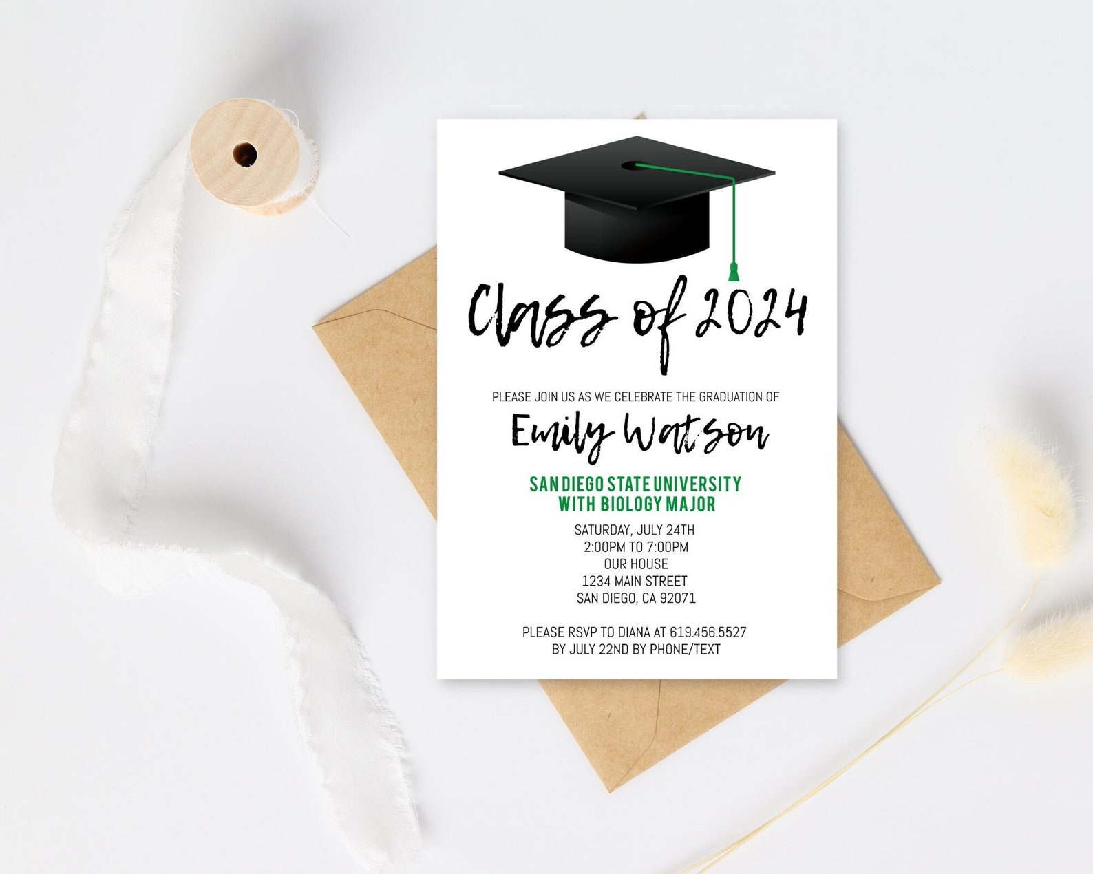 Green Graduation Party Invitation Template, High School Graduation ...