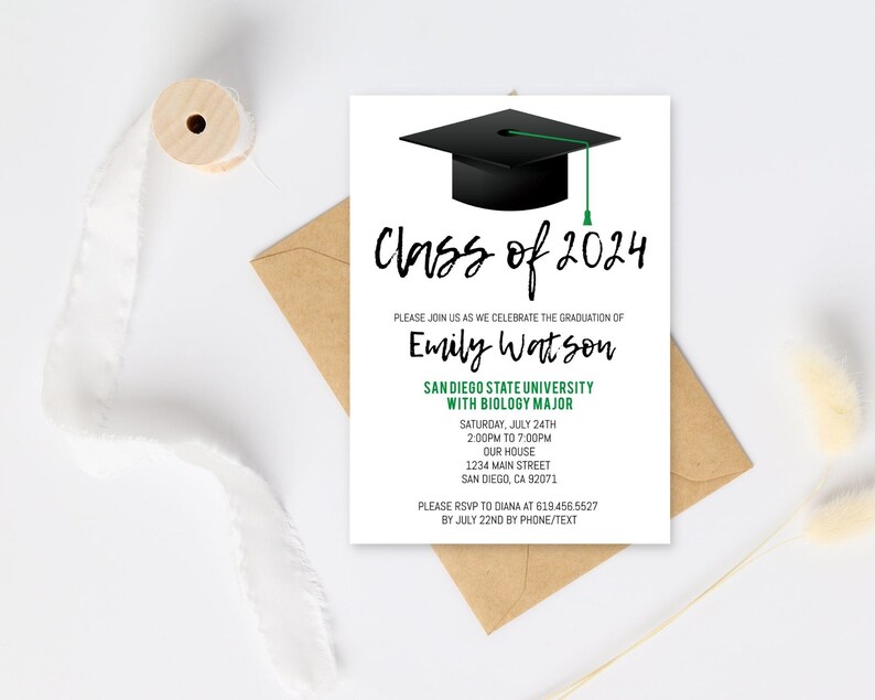 Green Graduation Party Invitation Template, High School Graduation ...