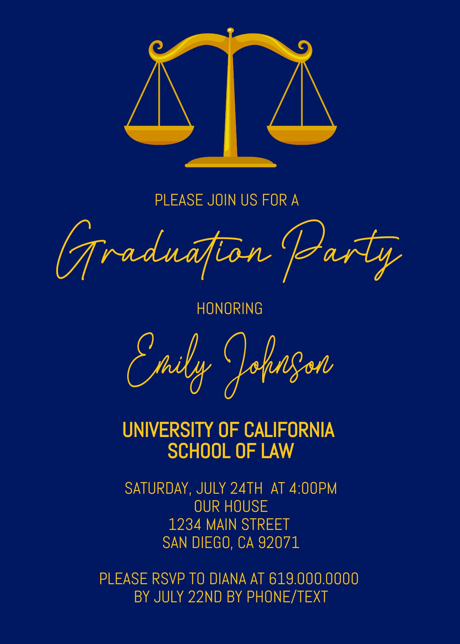 Law School Graduation Invitation Template, Minimalist Blue & Gold Scale ...