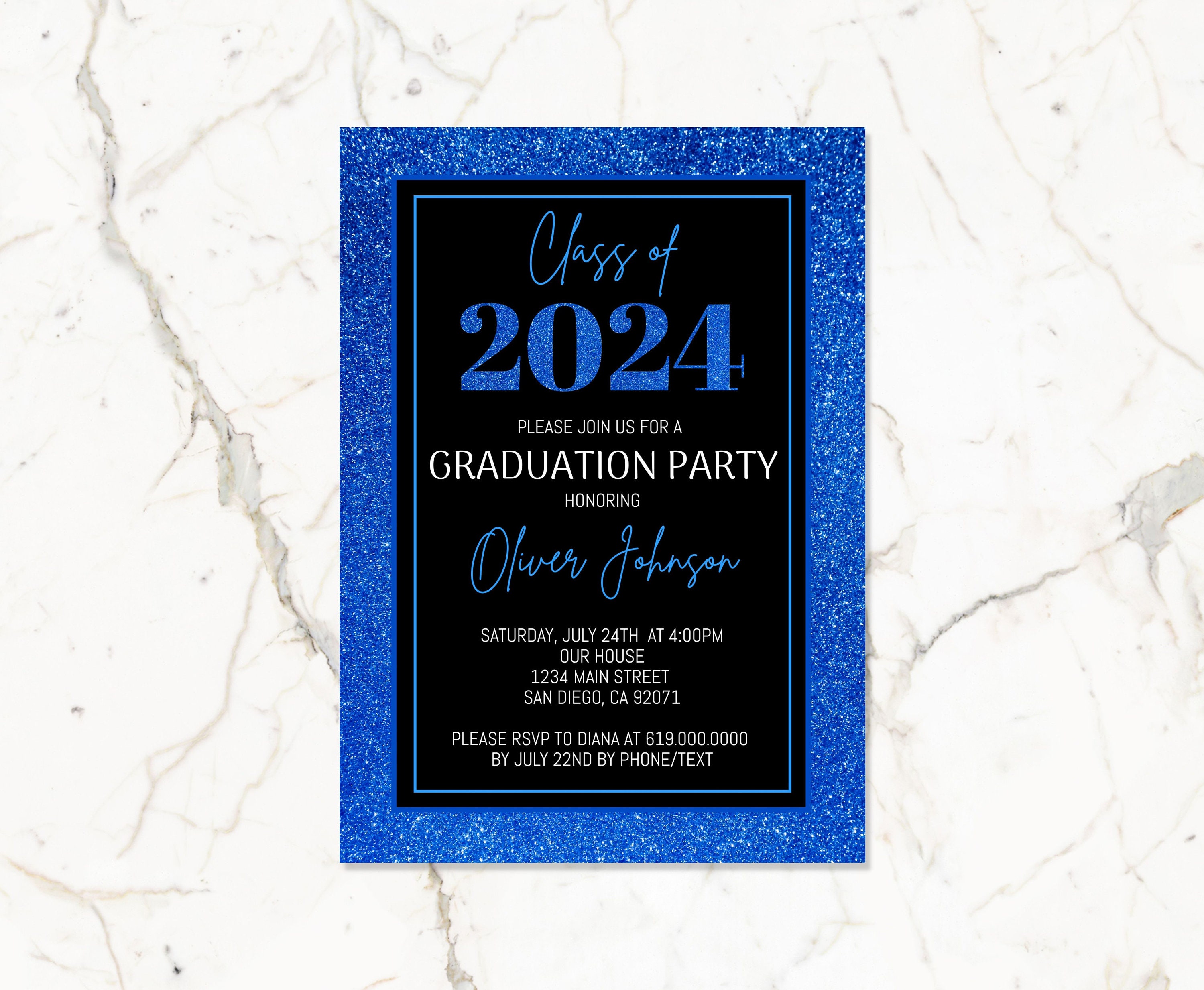 Blue Glitter Graduation Invitation Template, Minimalist Blue & Black ...