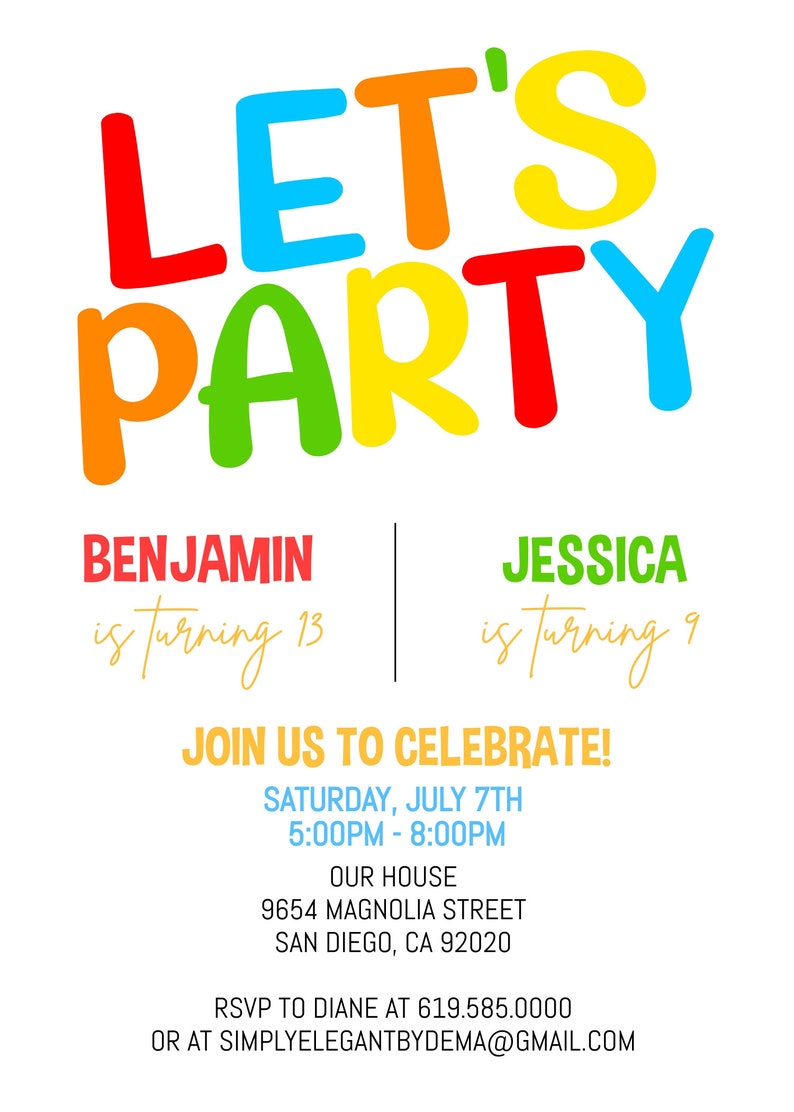 Colorful Joint Birthday Party Invitation Template, Modern Minimalist ...