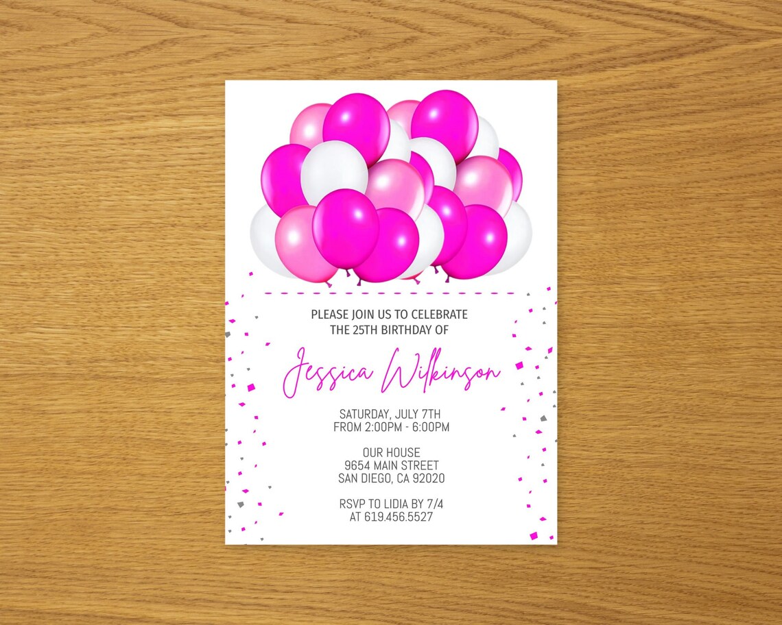 Hot Pink Balloons Birthday Invitation Template Pink White - Etsy