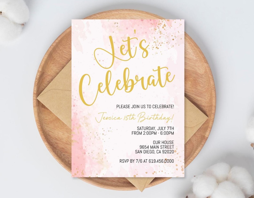 Blush Pink Let's Celebrate Birthday Invitation Template, Editable Pink ...