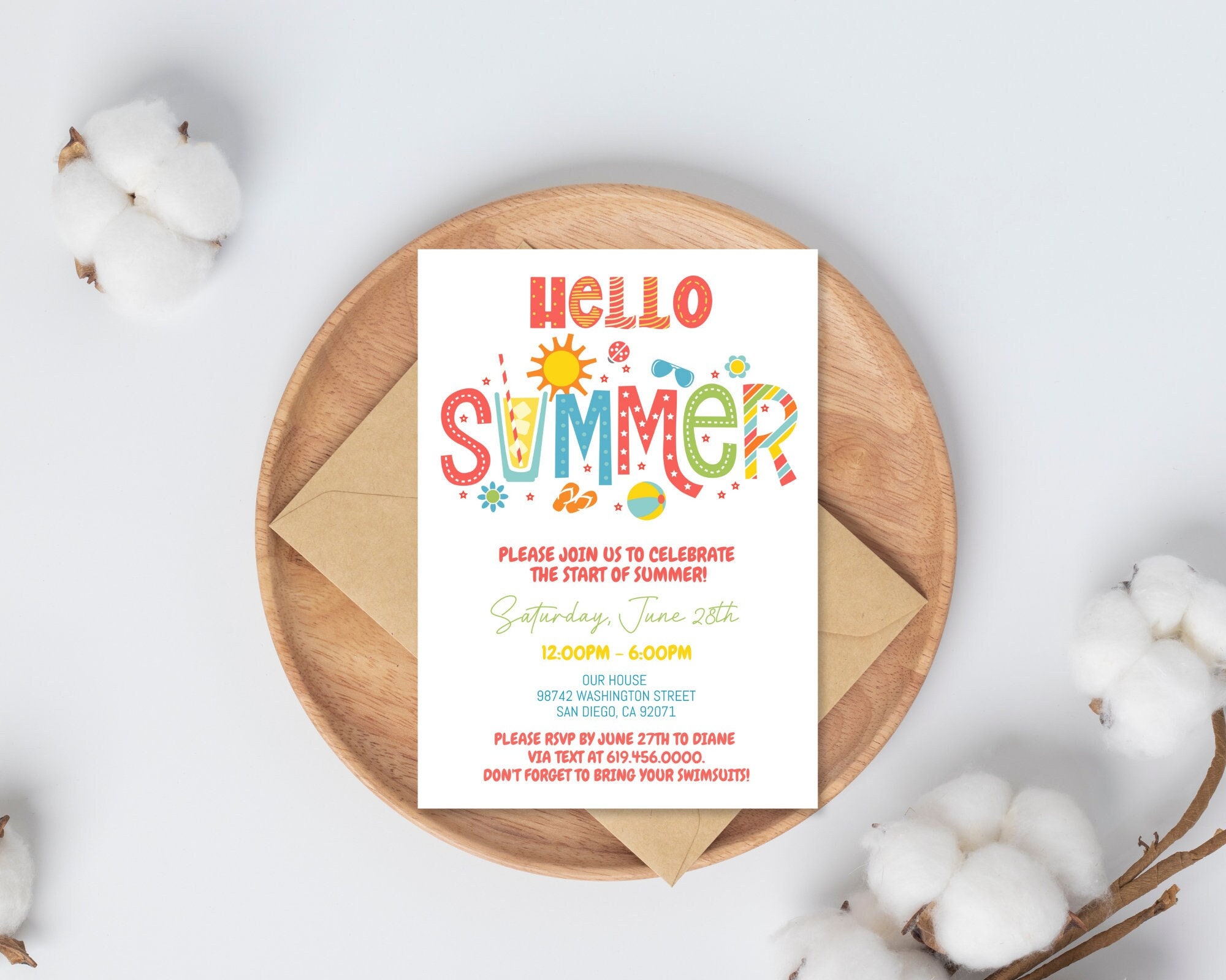 Hello Summer Party Invitation Template, Sun Invitation, Summer Party ...