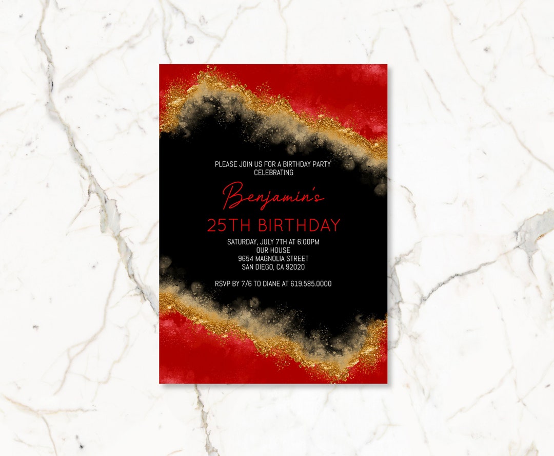 Editable Red, Gold, & Black Birthday Invitations/any Age/luxury Red ...
