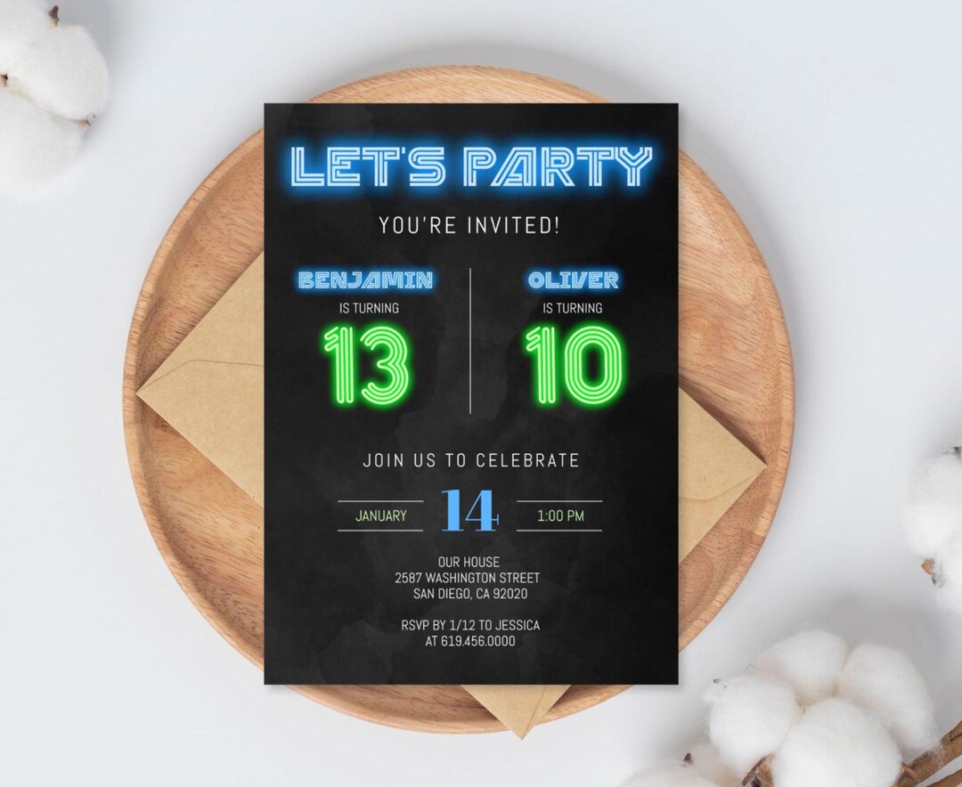Neon Joint Birthday Party Invitation Template, Neon Light Green Blue ...