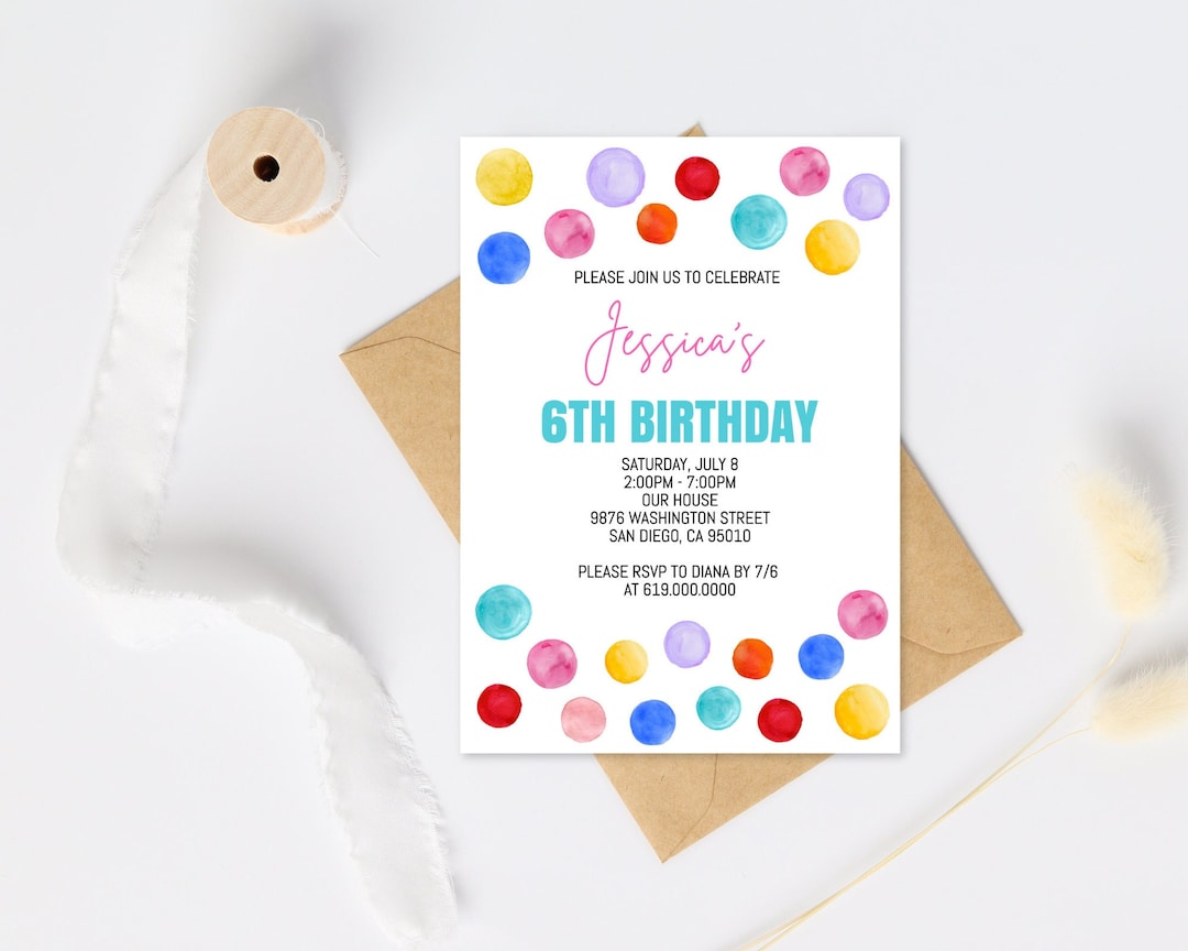 Rainbow Polka Dot Birthday Invitation, Watercolor Spots, Colorful ...