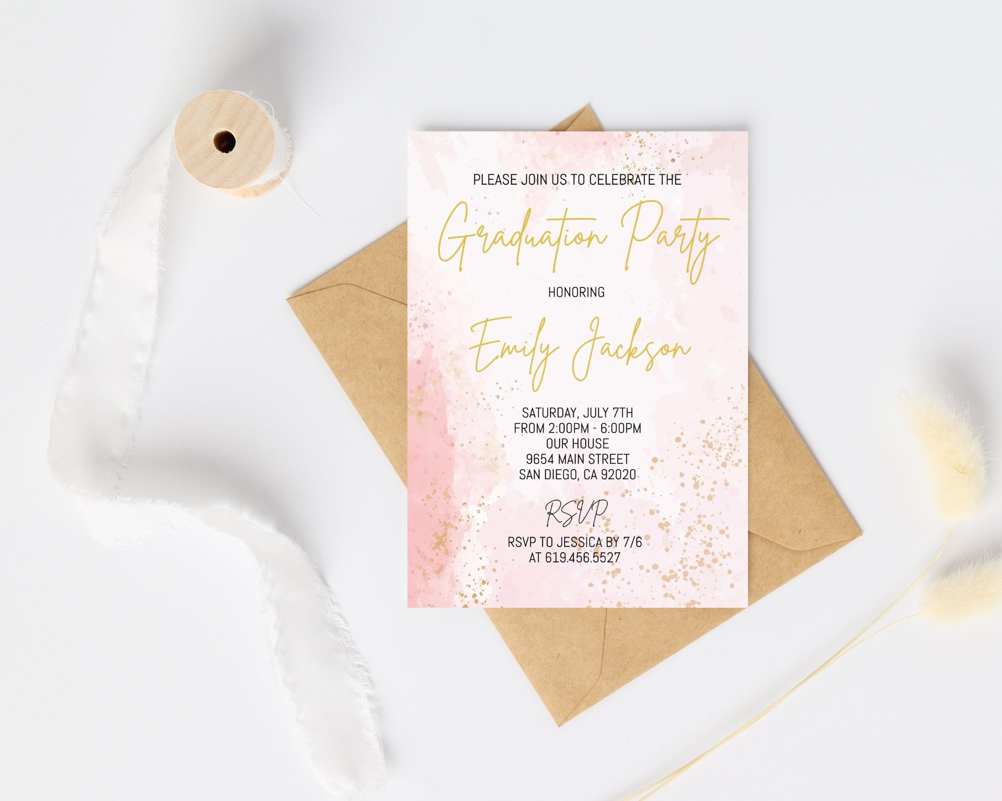 Pink Watercolor Graduation Announcement, Pink & Gold Graduation Party ...